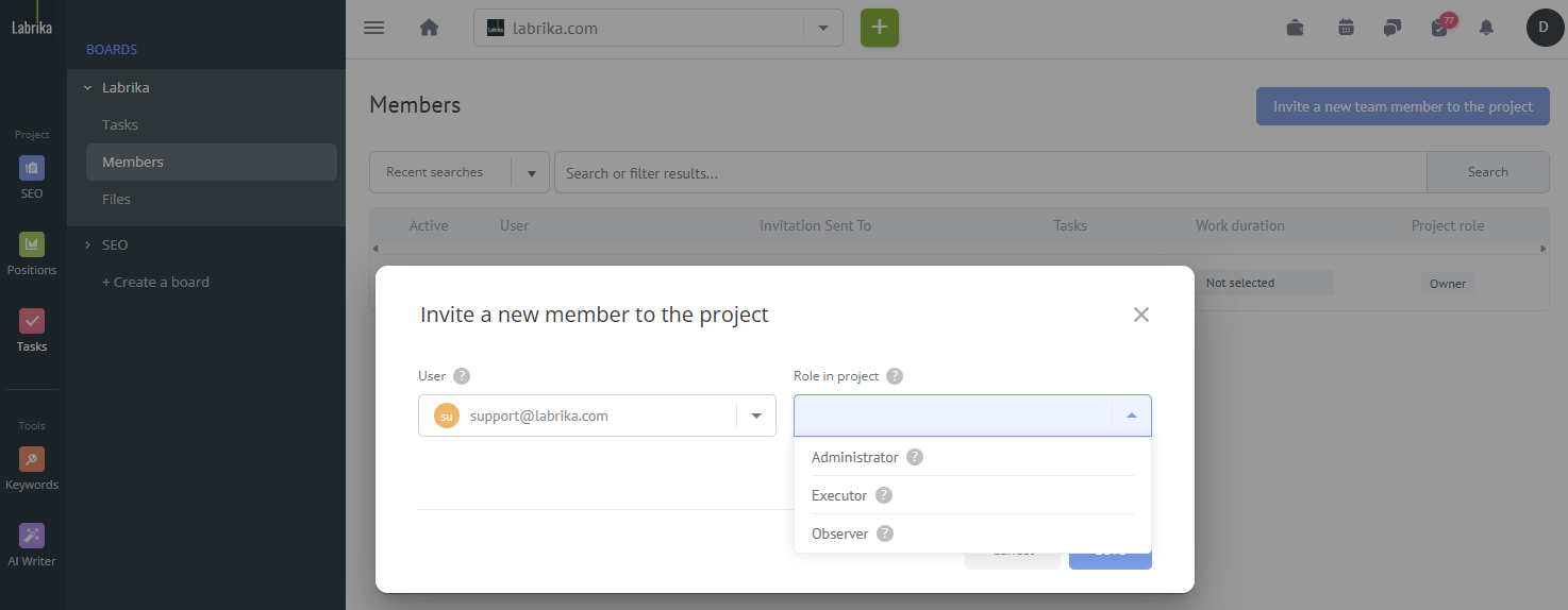 An article about Project role in the Labrika help section